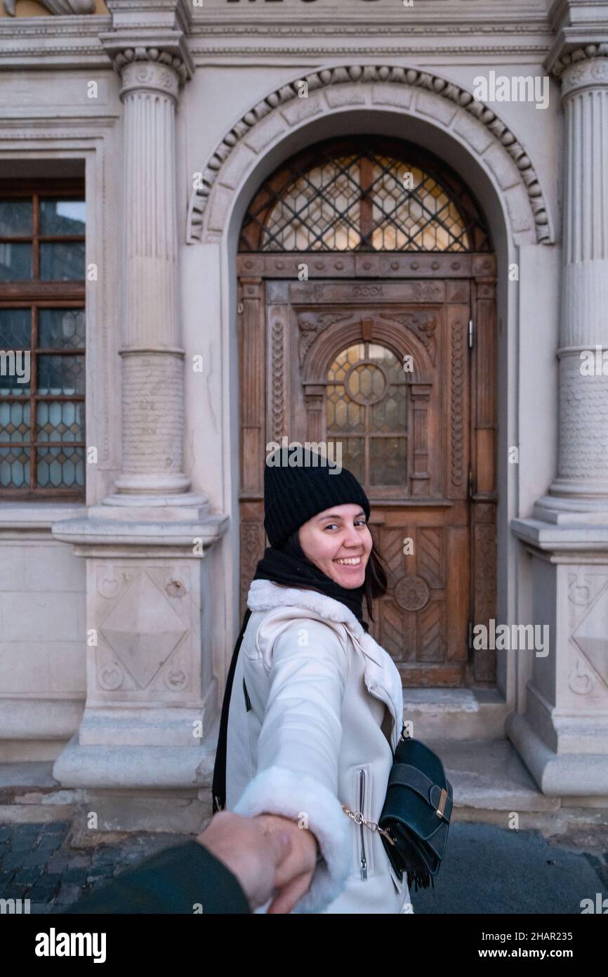 woman holding man hand follow me concept person point of view Stock ...