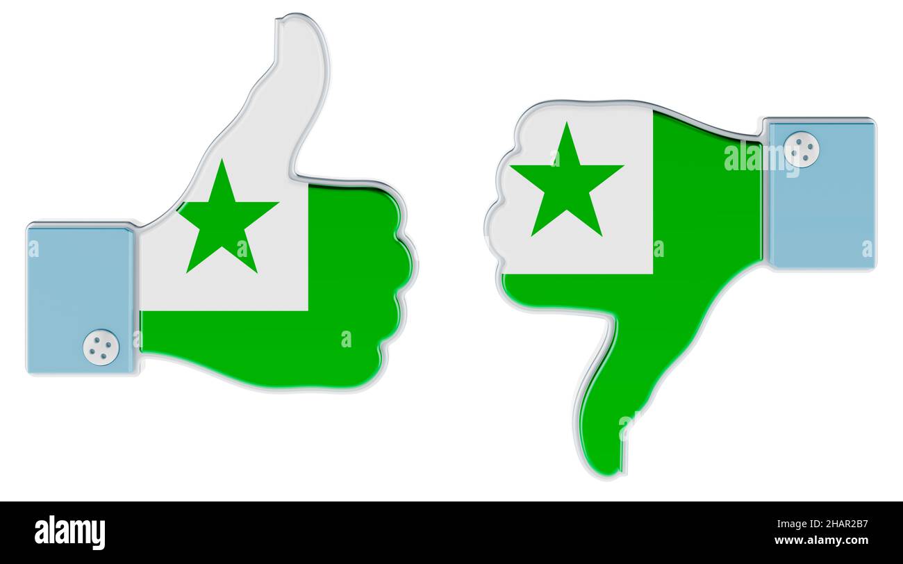 Esperanto flag painted on the hand with thumb up and thumb down. 3D ...