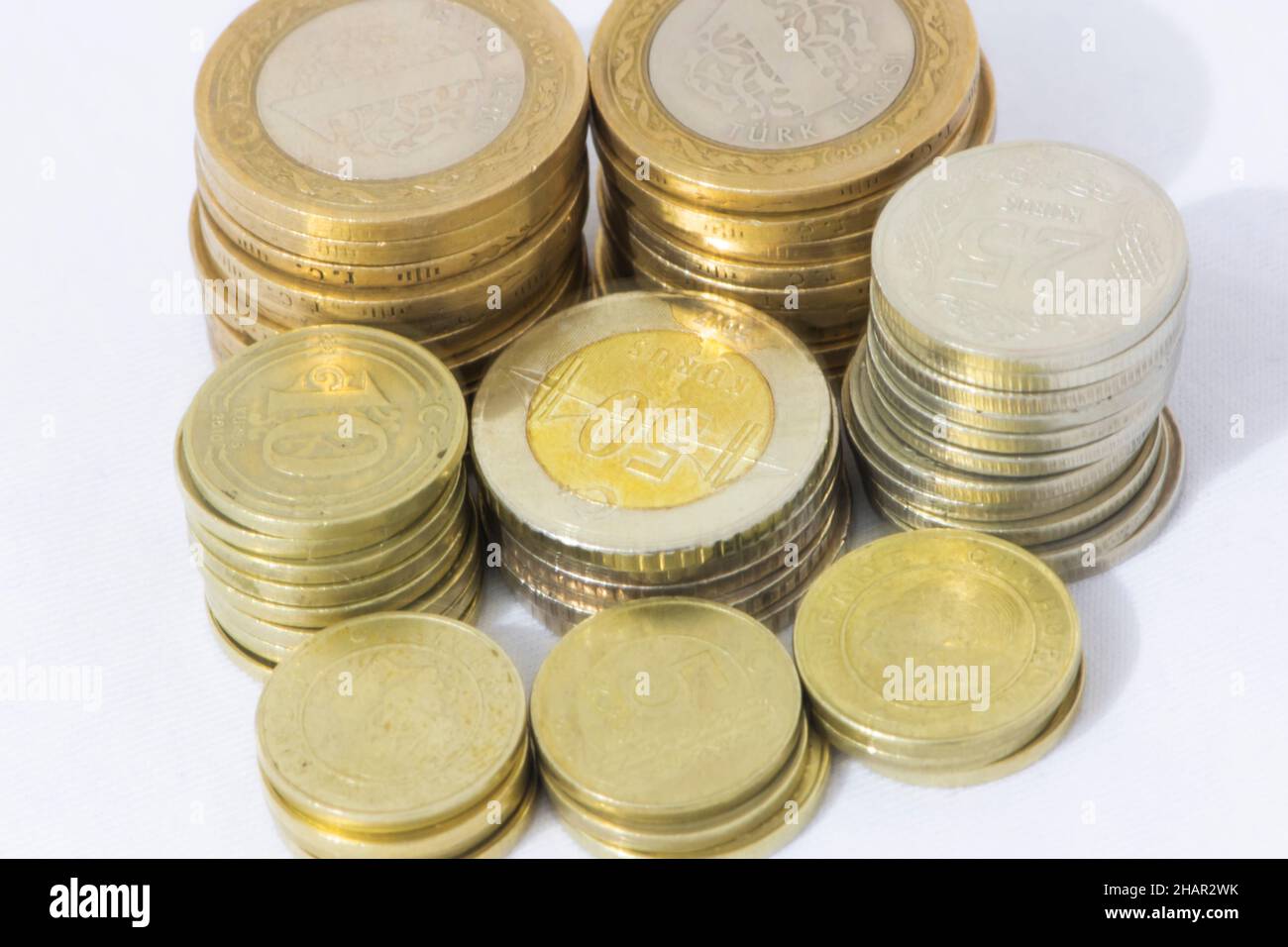 Top view of the stacks of Turkish lira coins Stock Photo - Alamy