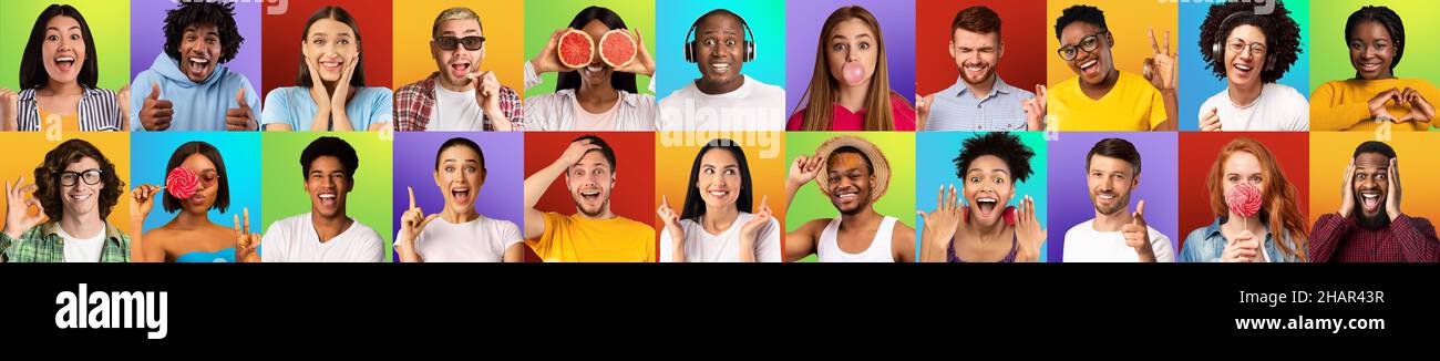 Multiethnic young people showing different emotions, set of portraits ...