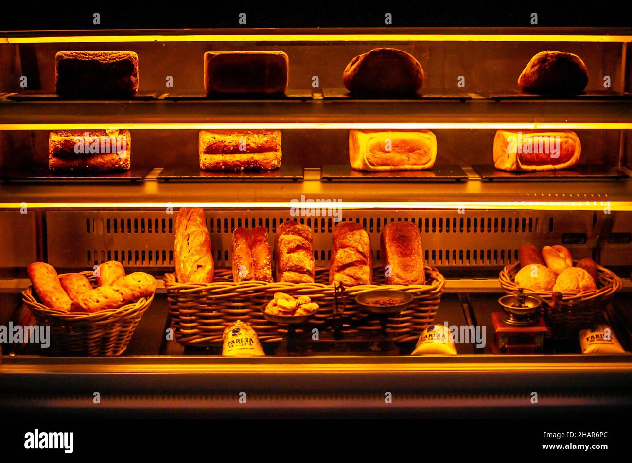 Bakery showcase old style with different breads with smooth light Stock ...