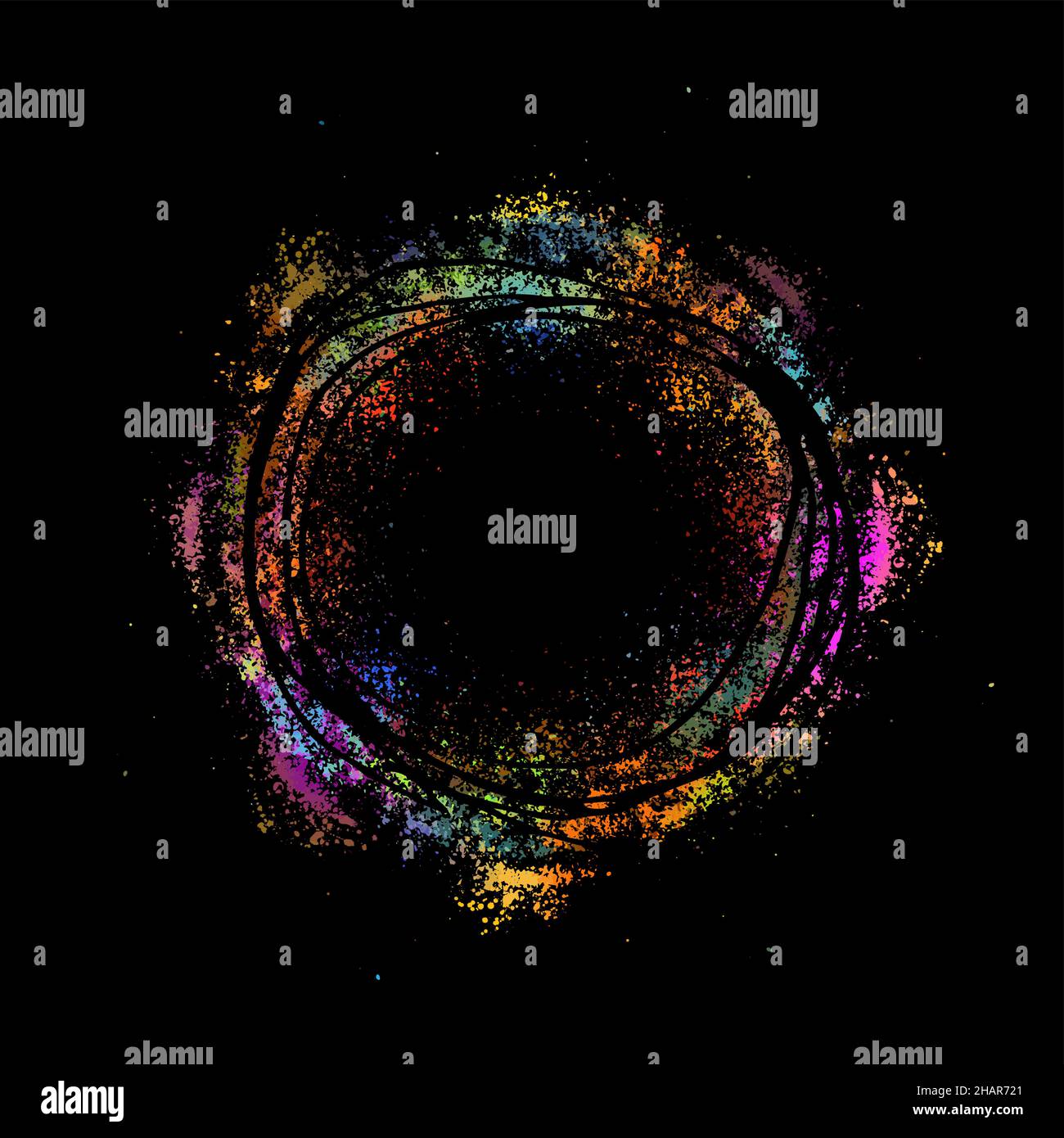 Round multi-colored frame from spots of paint. Background from blots ...