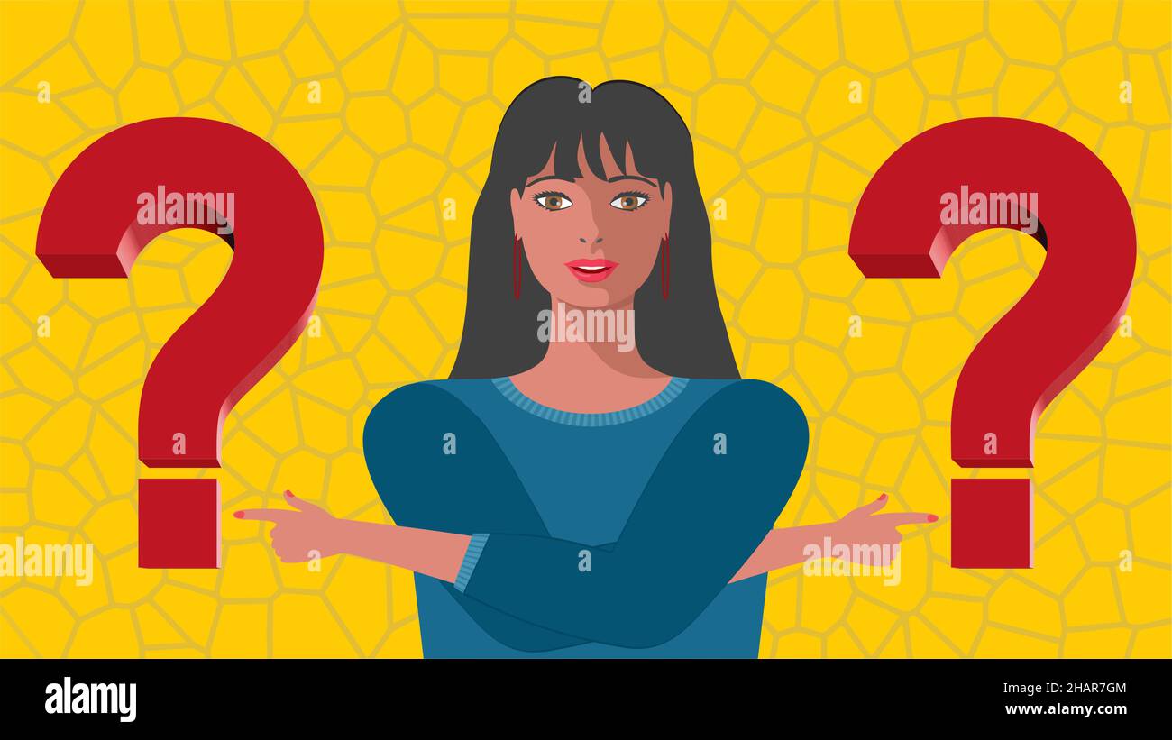 Confused woman, hard to decide what could be right. Vector illustration ...