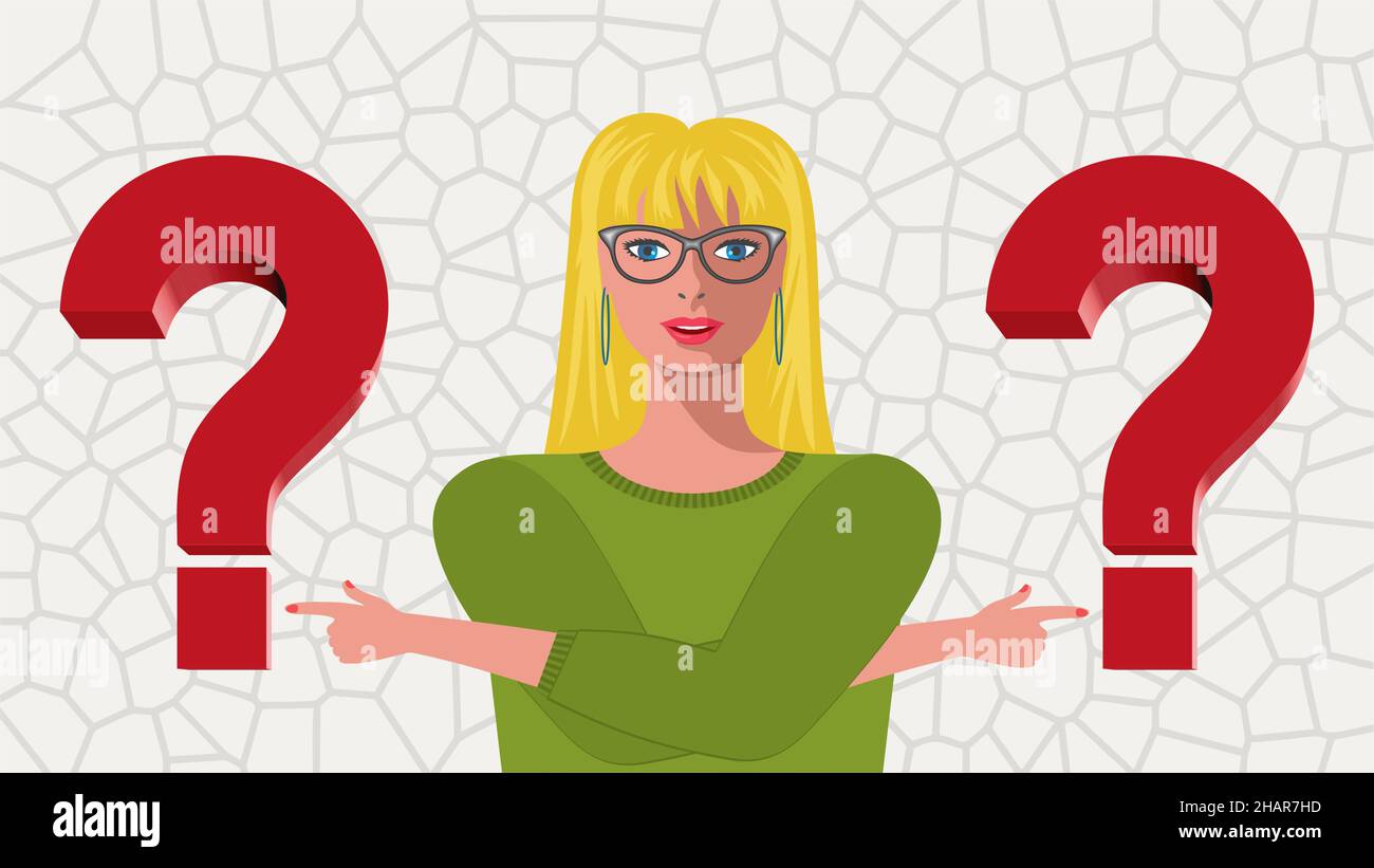 Difficult decision. Woman with questiion marks. Vector illustration ...