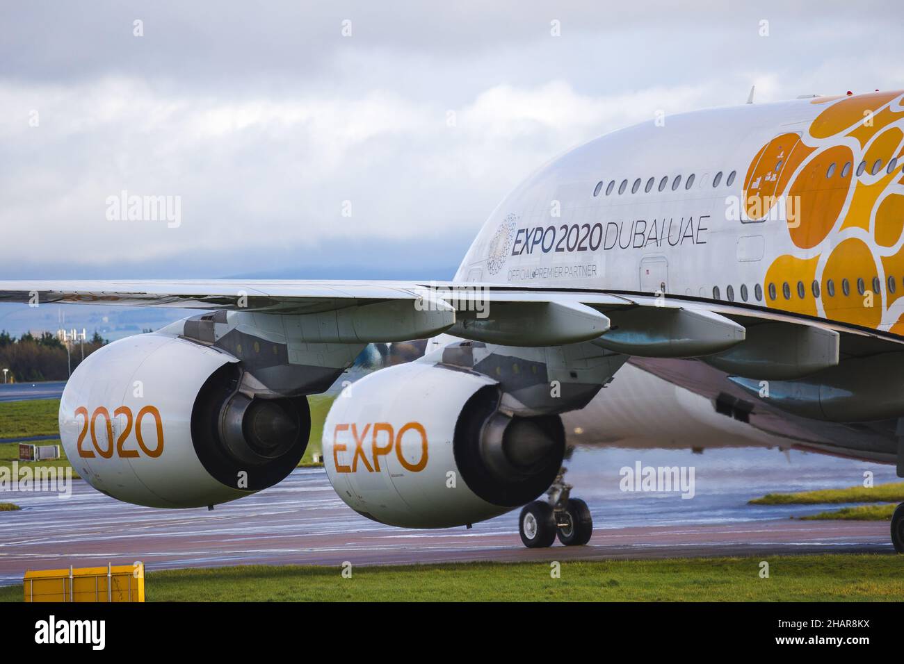 Emirates Boeing A380 landing at Manchester Airport from Dubai UAE Stock ...