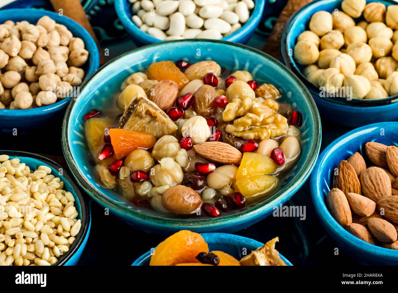Traditional Turkish Dessert Asure or Noah's Pudding in the stylish blue ...