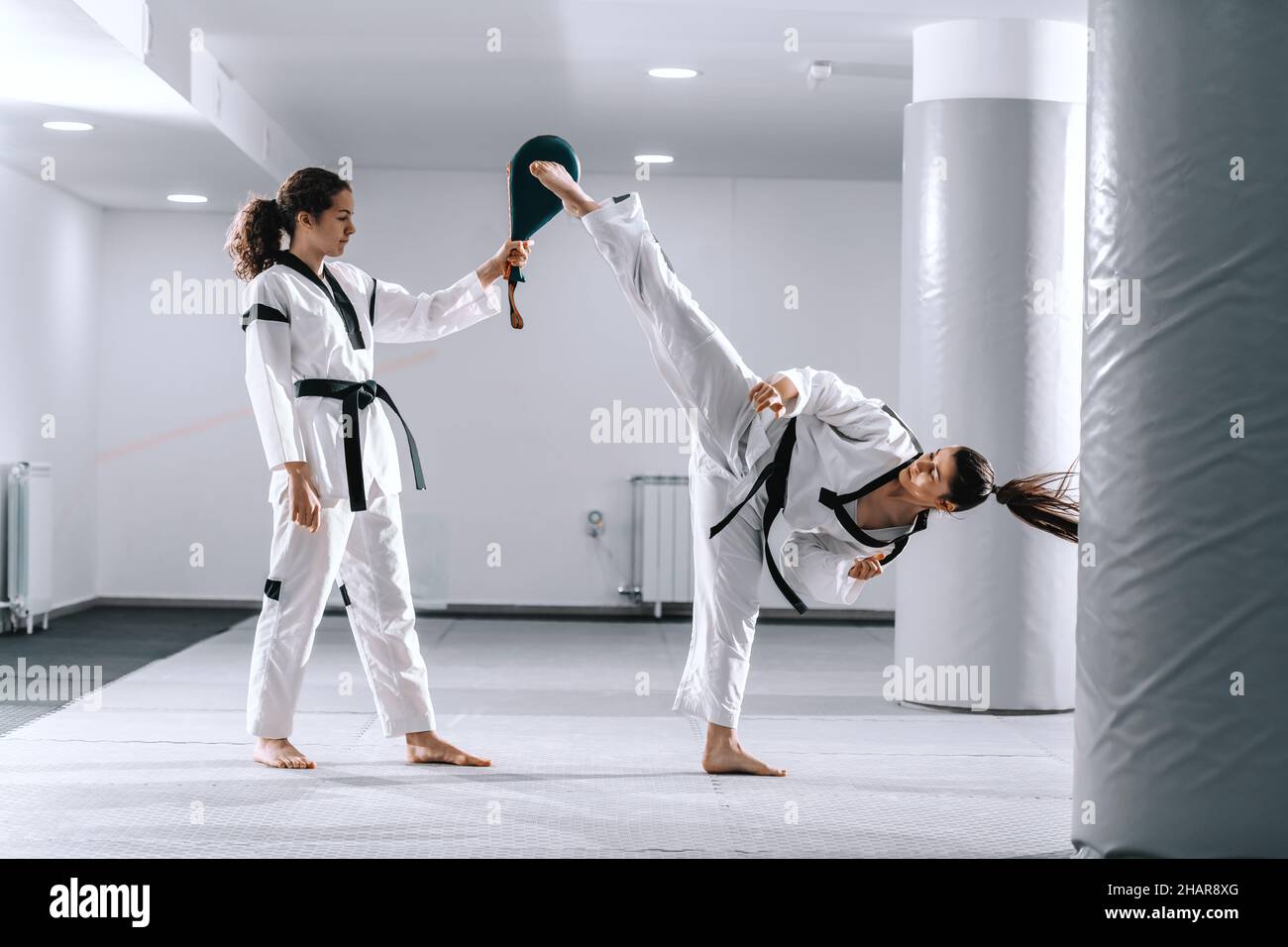 Beautiful Caucasian sporty girl in doboks kicking while other one ...