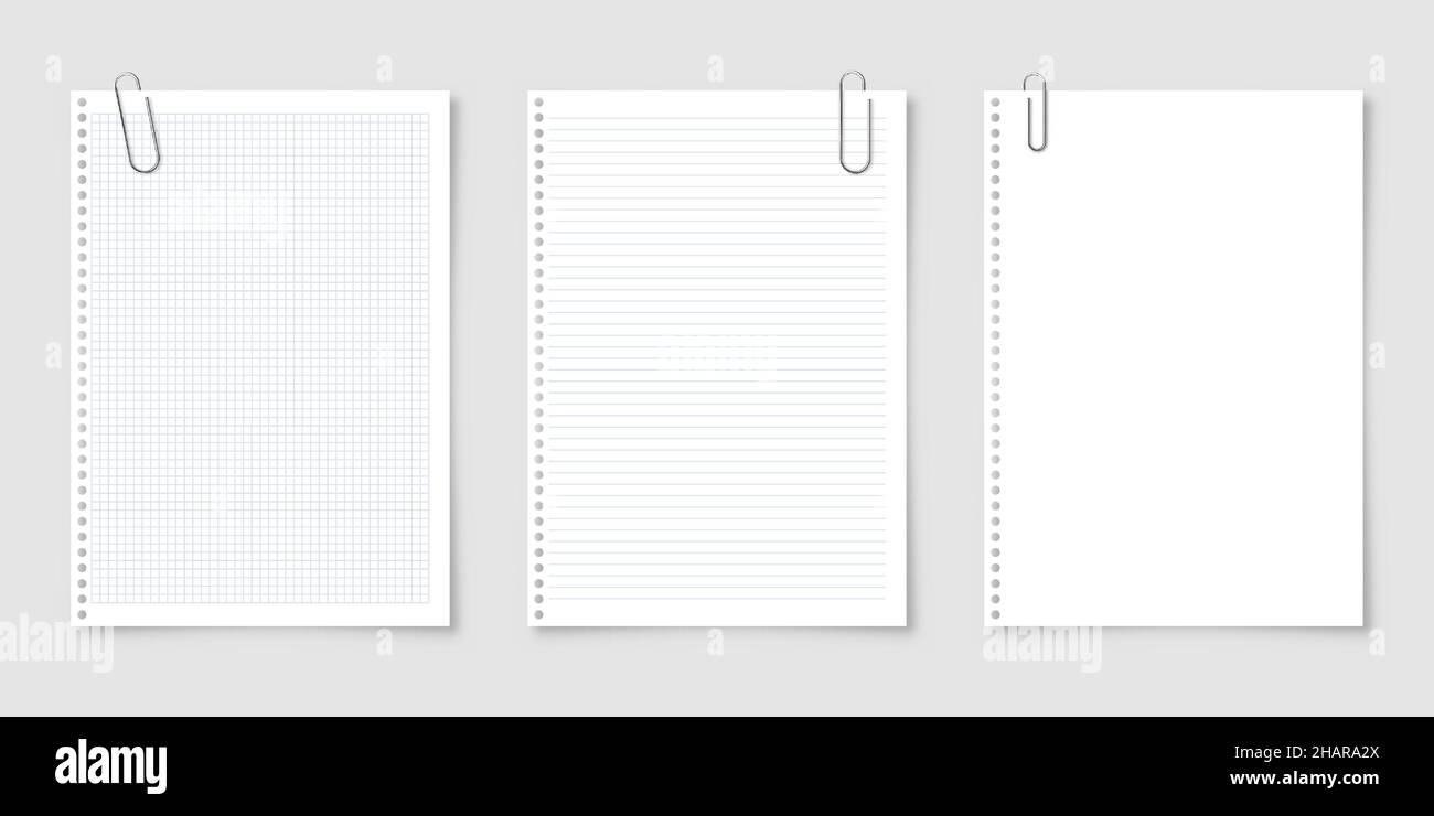 Realistic blank paper sheets in A4 format with metal clip, holder on ...