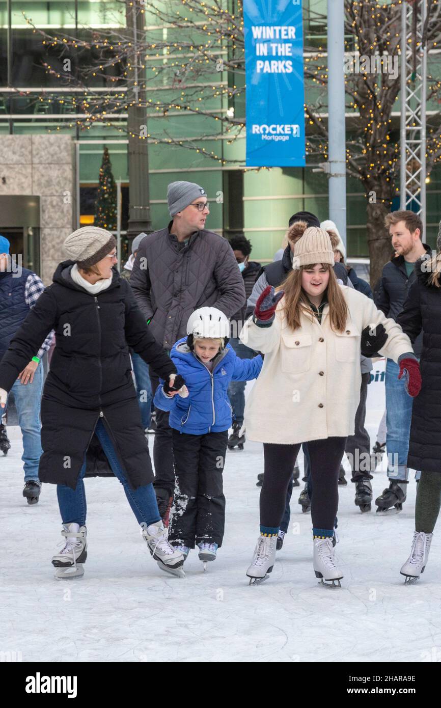 Detroit, Michigan - Ice skaters in the rink at Campus Martius park ...