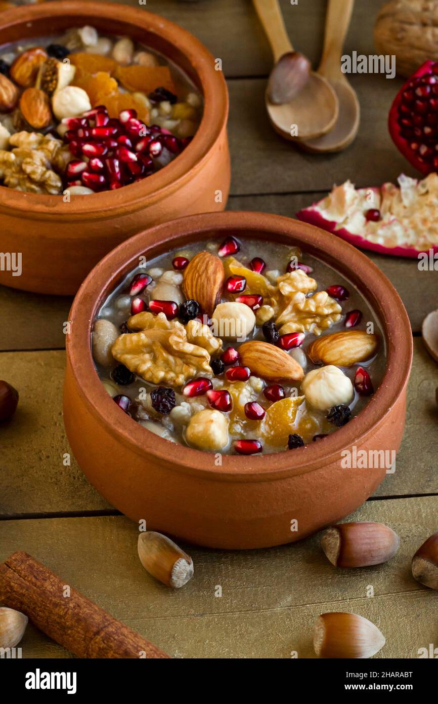 Traditional Turkish Dessert Asure or Noah's Pudding in ceramic ...