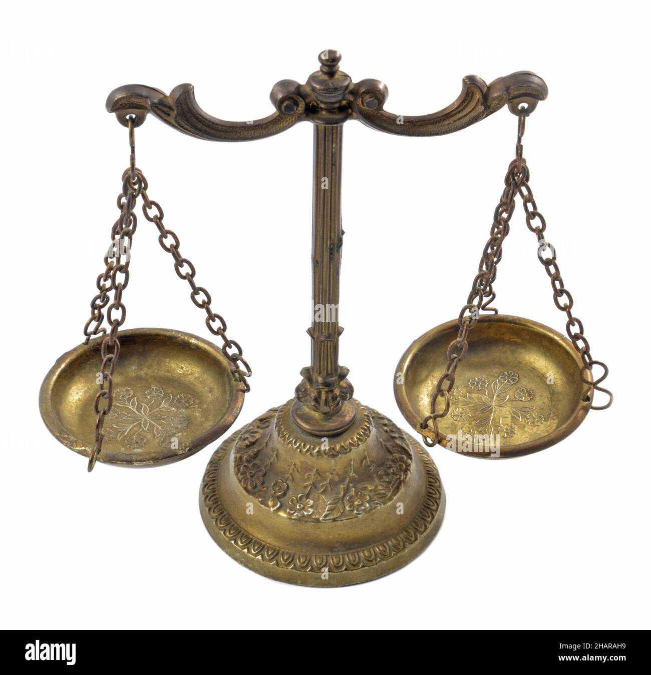 Vintage golden metal scales on white background isolated on a white ...