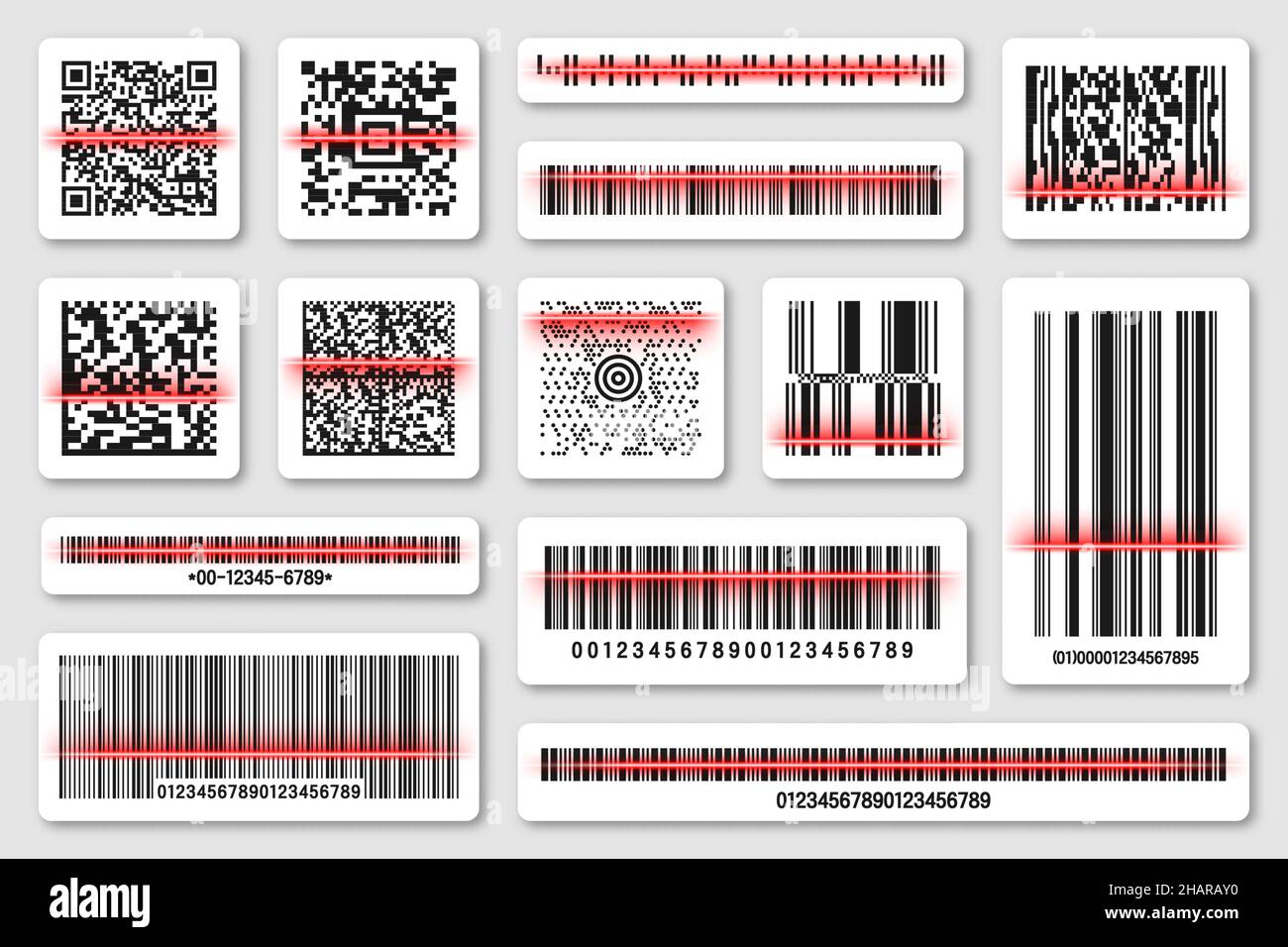 Product barcodes and QR codes with red scanning line. Identification ...