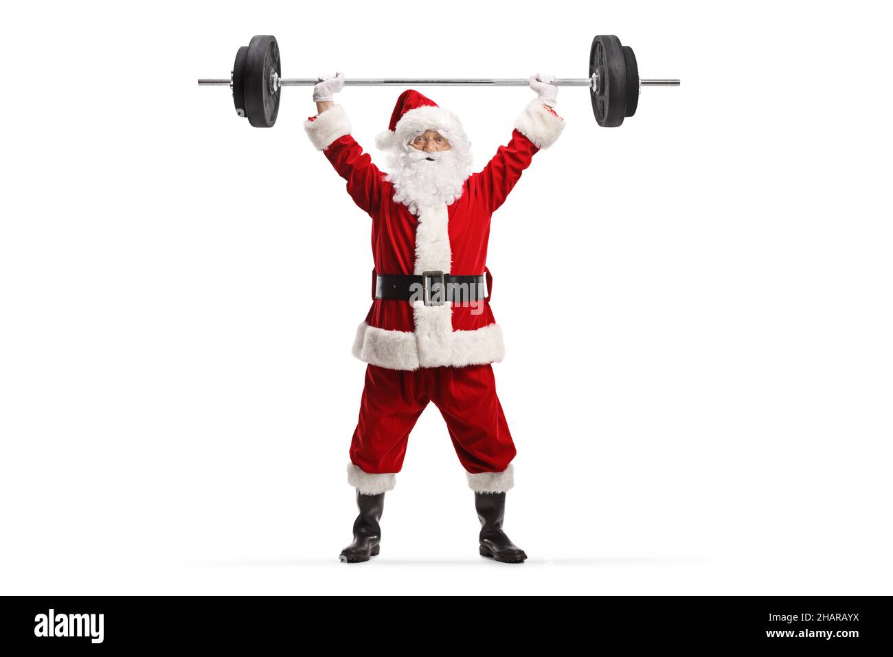 Santa claus lifting heavy weights isolated on white background Stock ...