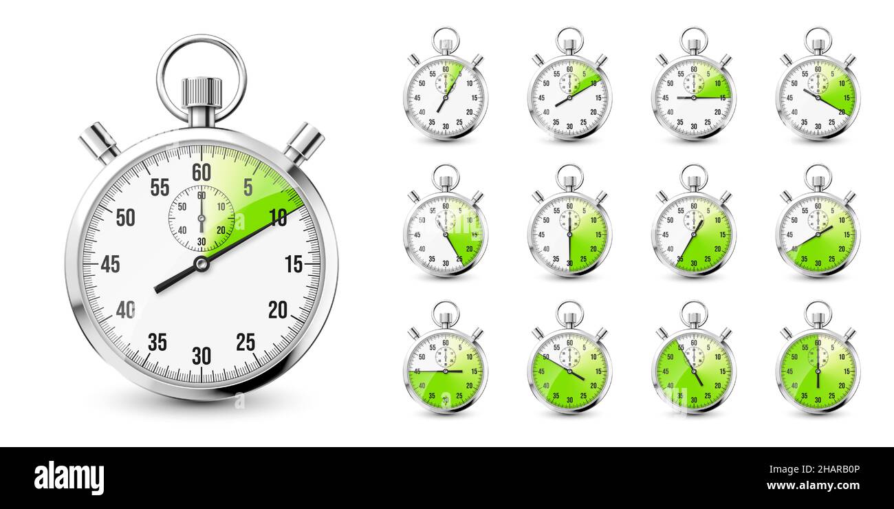 Realistic classic stopwatch icons. Shiny metal chronometer, time ...