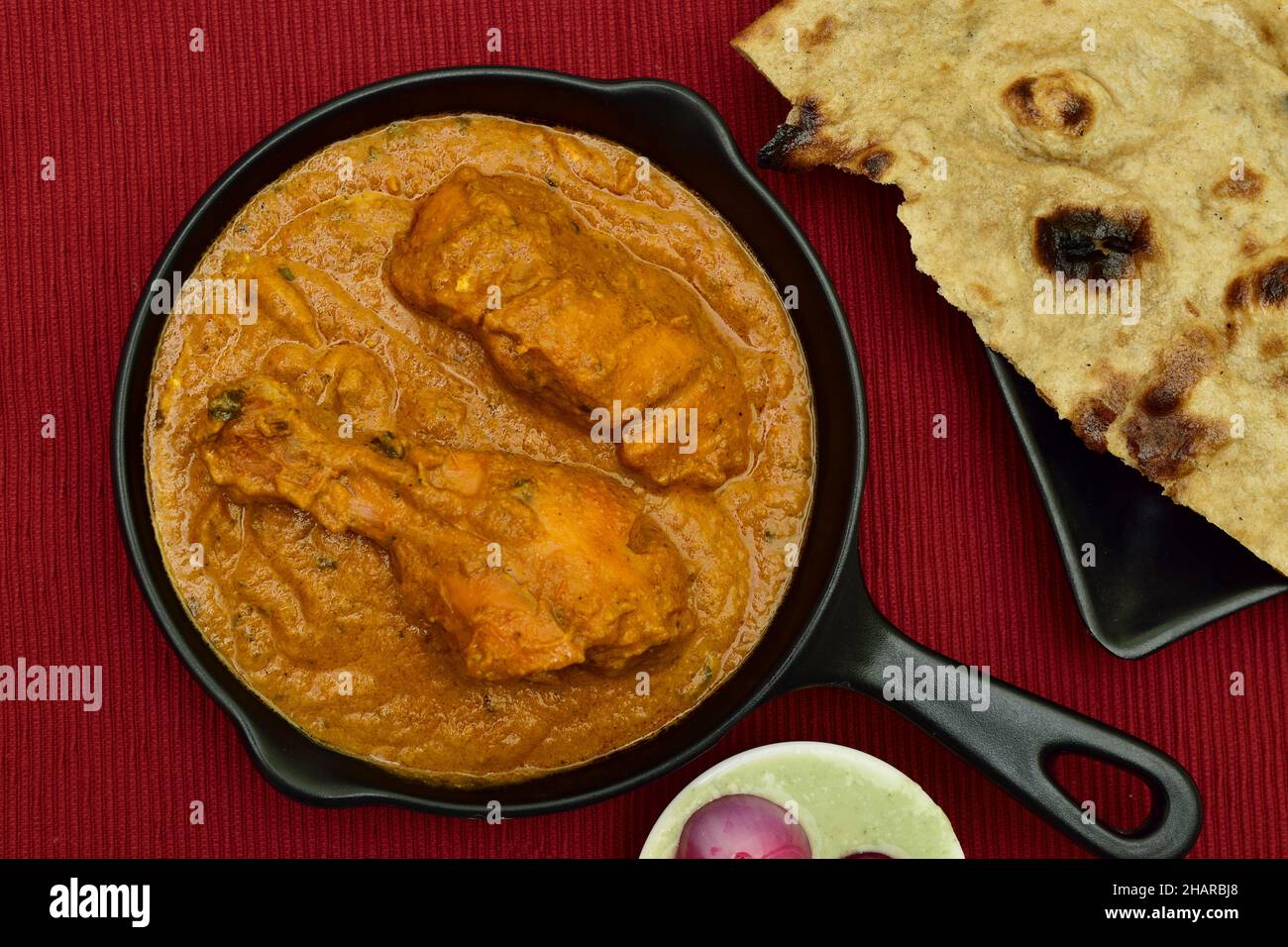 Top View of Butter Chicken with Tandoori Roti and Chutney Stock Photo ...