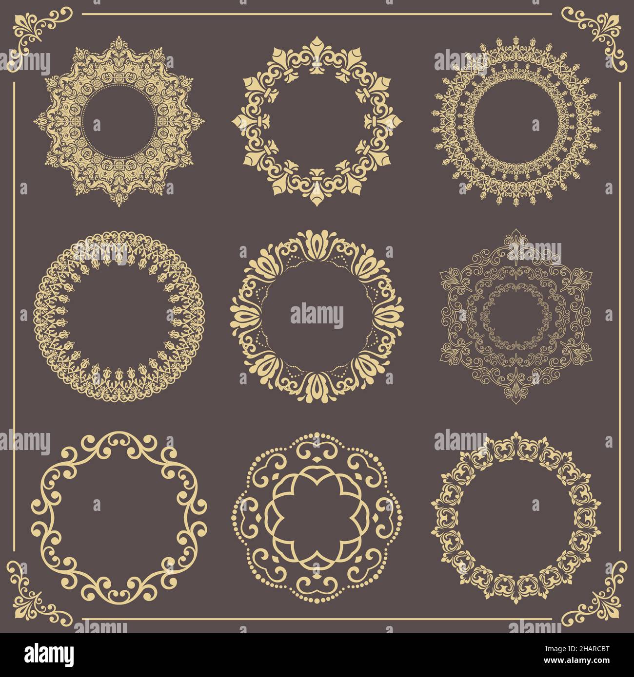 Vintage set of vector round elements. Different golden elements for ...