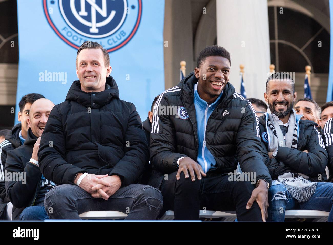 The New York City FC team listens to speakers at the NYCFC 2021 MLS Cup ...