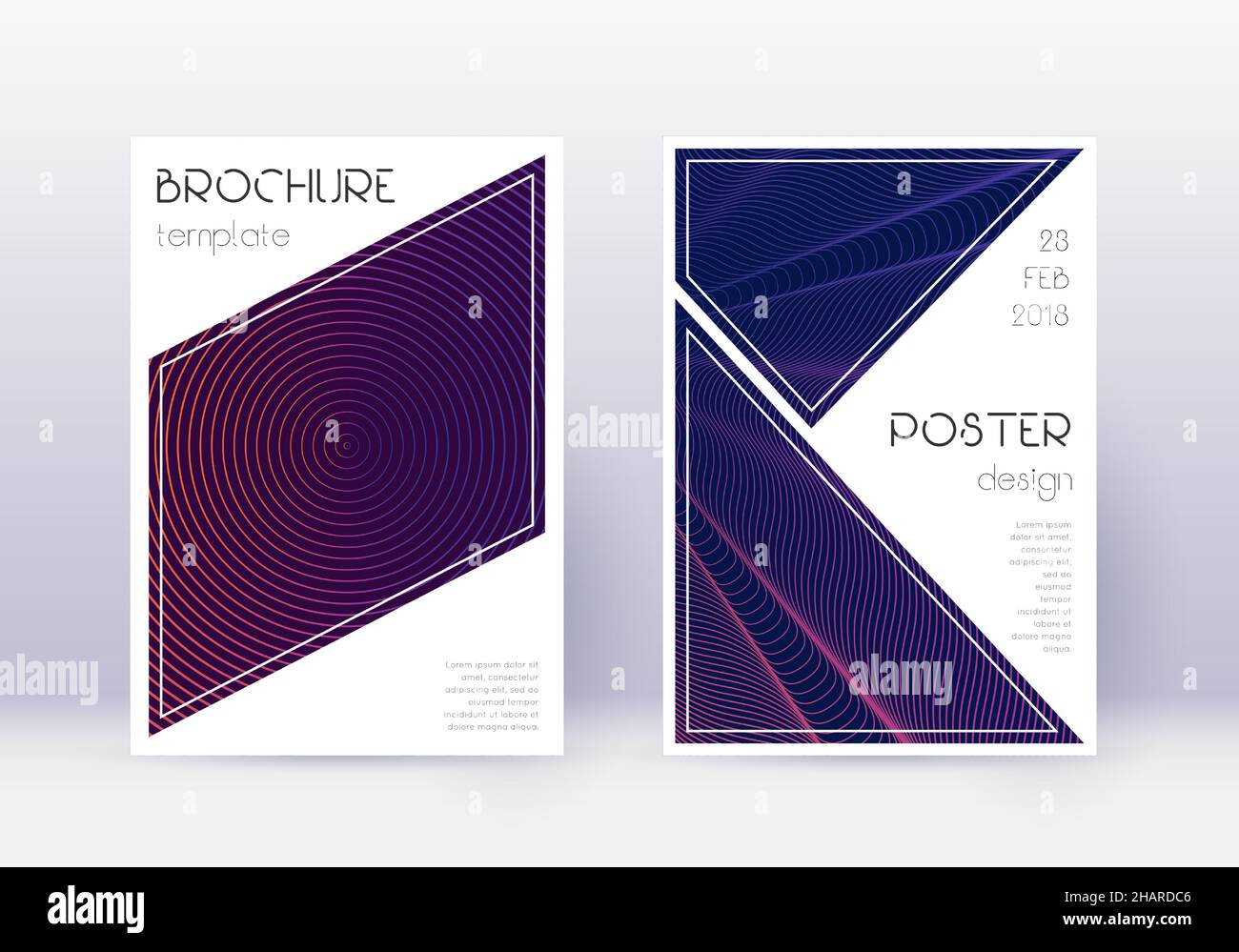 Triangle cover design template set. Violet abstract lines on dark ...