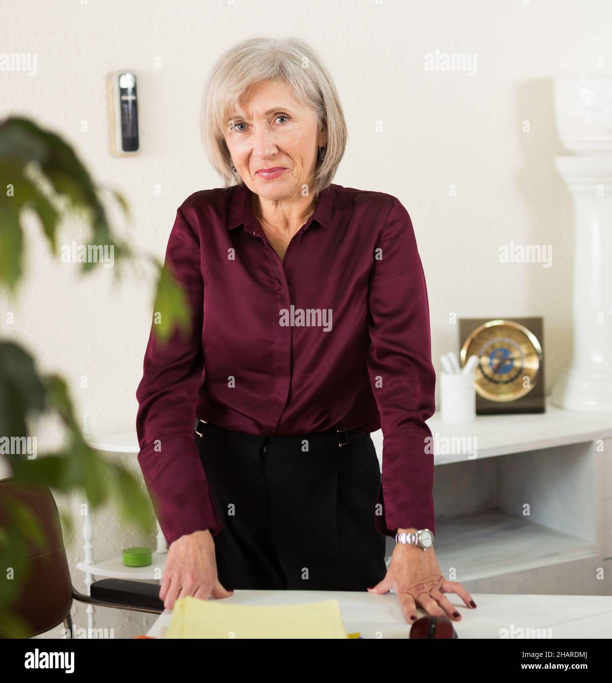 Positive mature woman working at office Stock Photo - Alamy