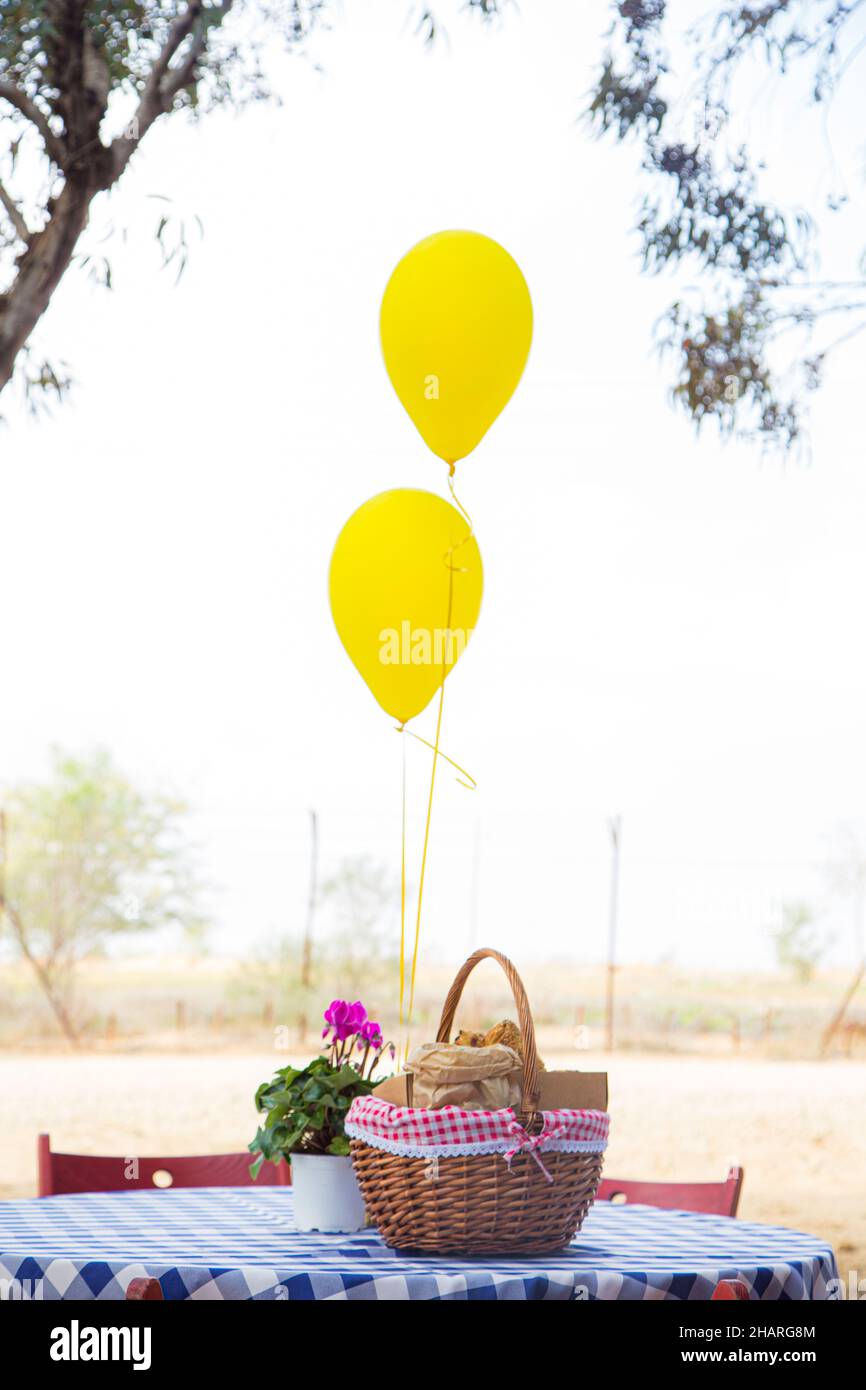 Vertical shot of yellow balloons on a picnic basket on a table in a ...