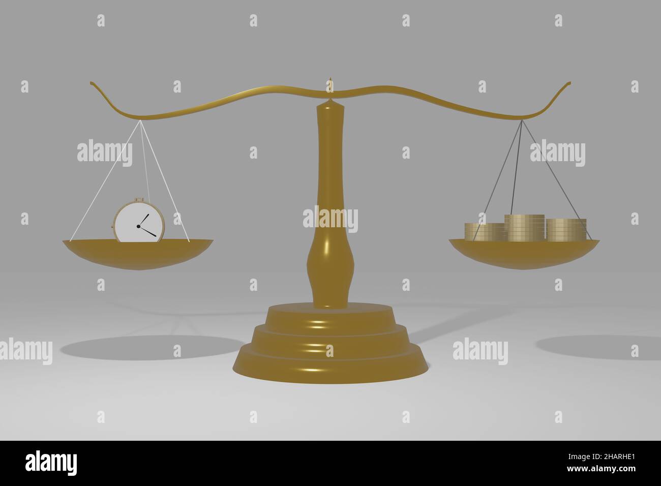 Time vs Money Balance. 3d render of a clock vs a pile of money on a ...
