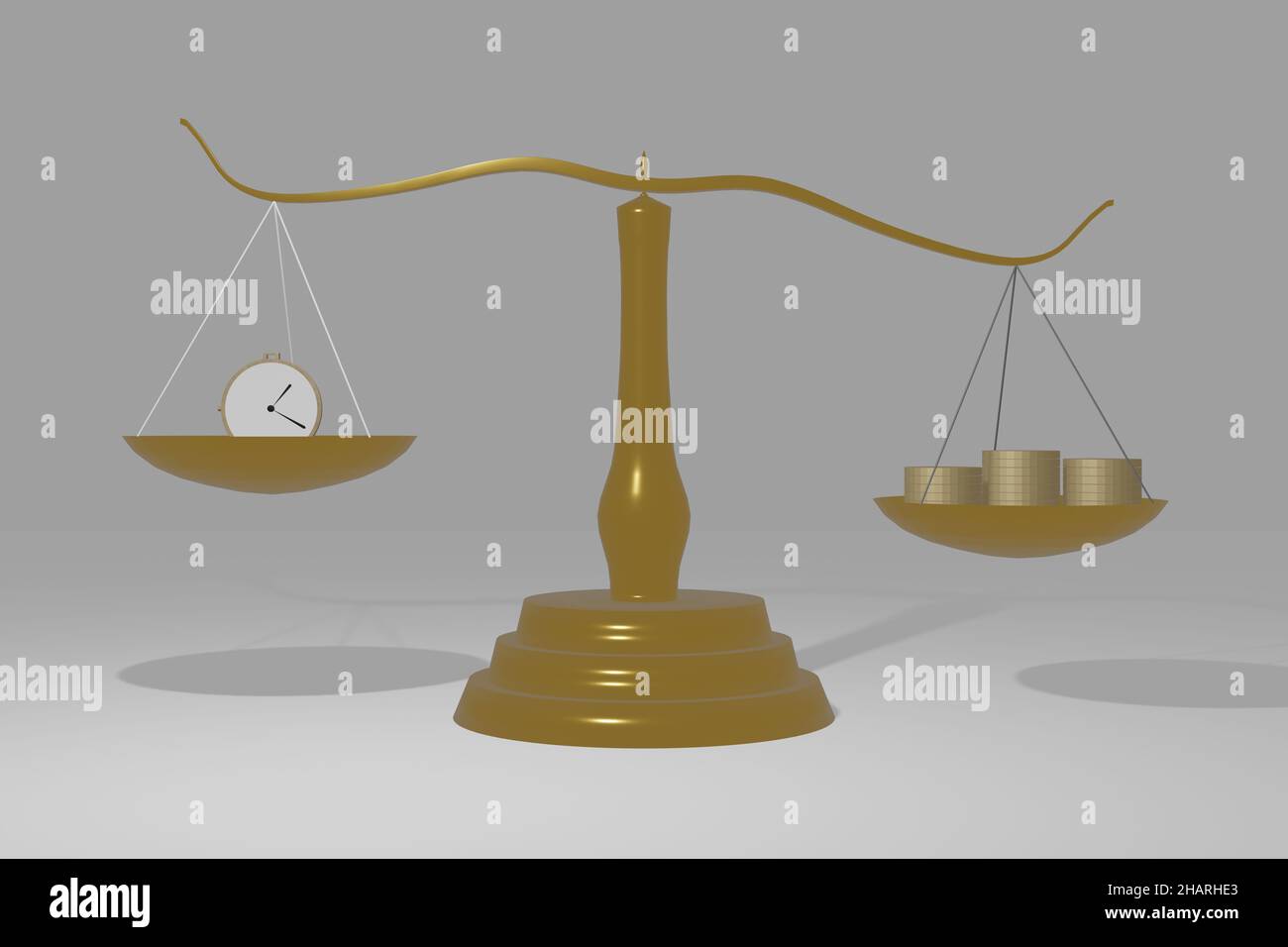 Time vs Money Balance. 3d render of a clock vs a pile of money on a ...