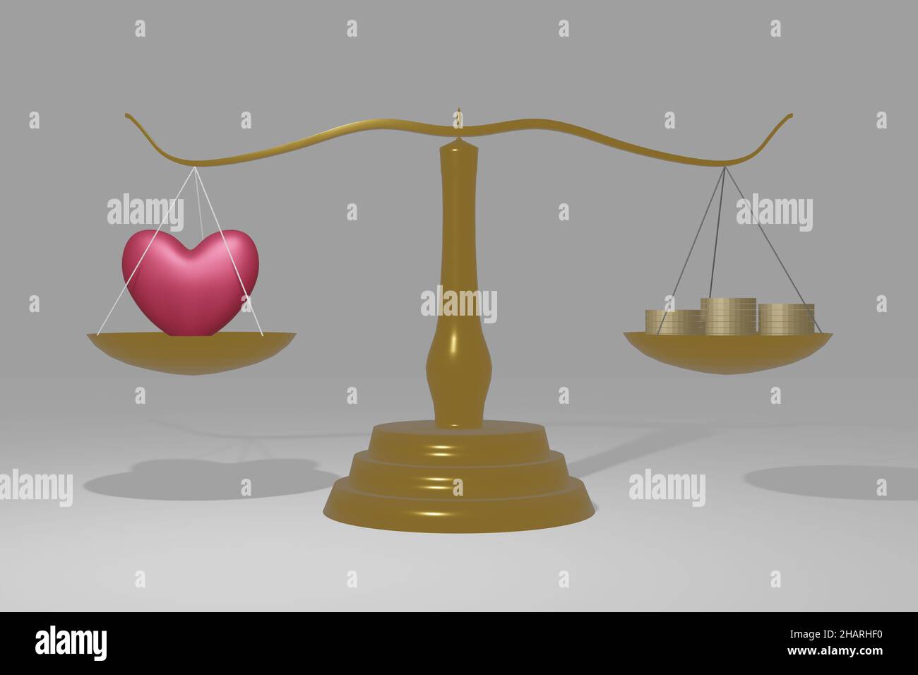 Love vs Money Balance. 3d render of a heart vs a pile of money on a ...