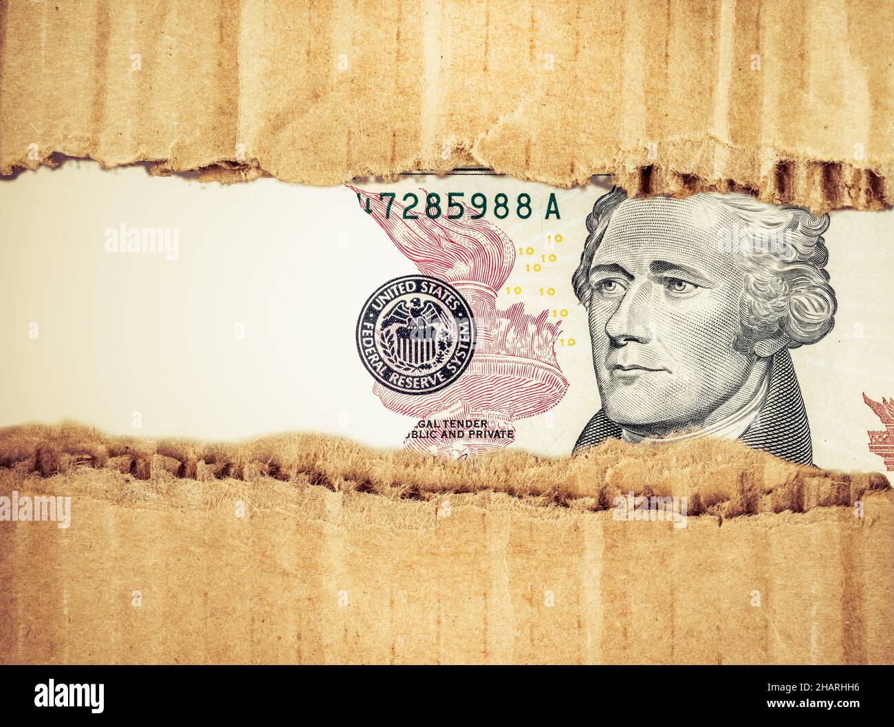 Portrait of Alexander Hamilton on the front part of a dollar note ...