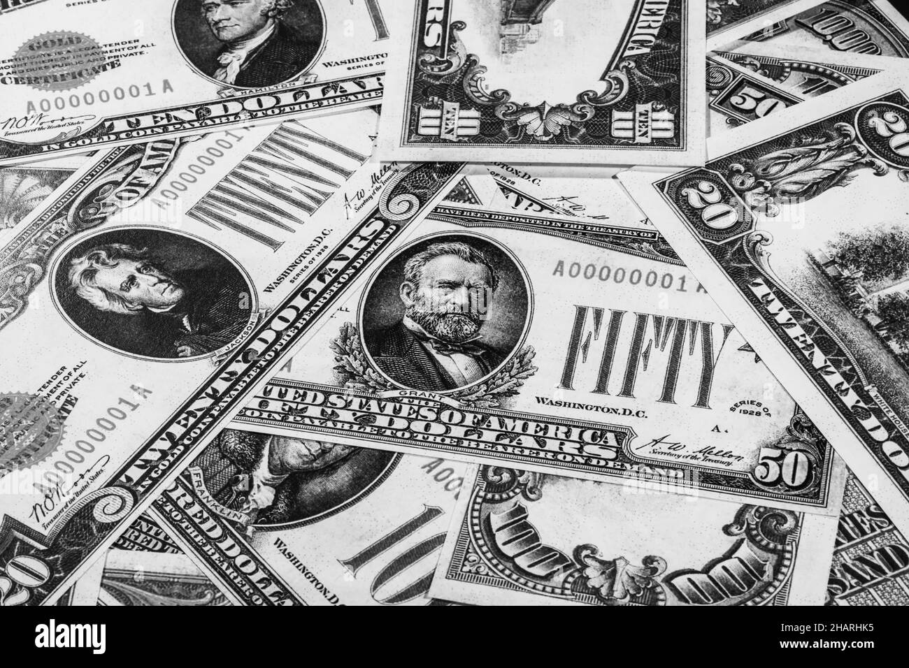 Closeup shot of the American dollar old banknotes with portraits of ...