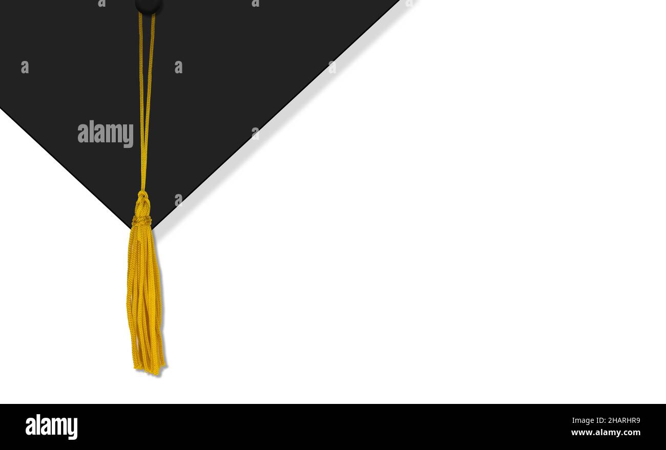Top view of a black graduation hat with gold tassel isolated on a white ...