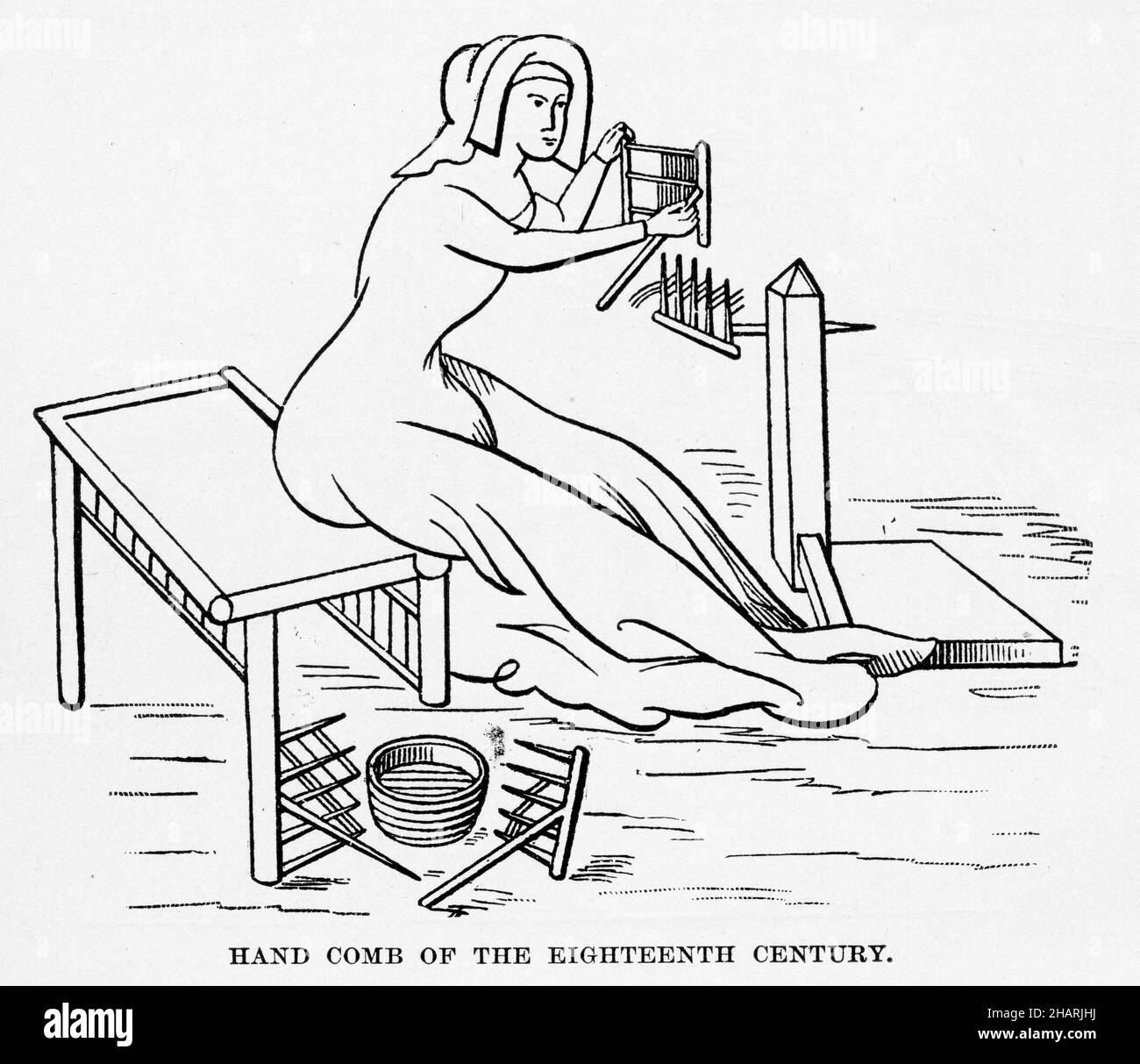 Engraving of a woman using an 18th century hand comb to prepare wool ...