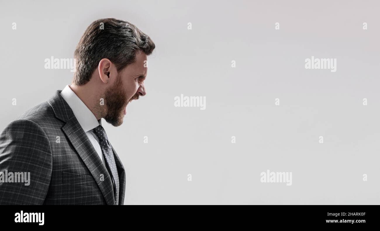 Screaming cry. Businessman scream grey background. Screaming in anger ...