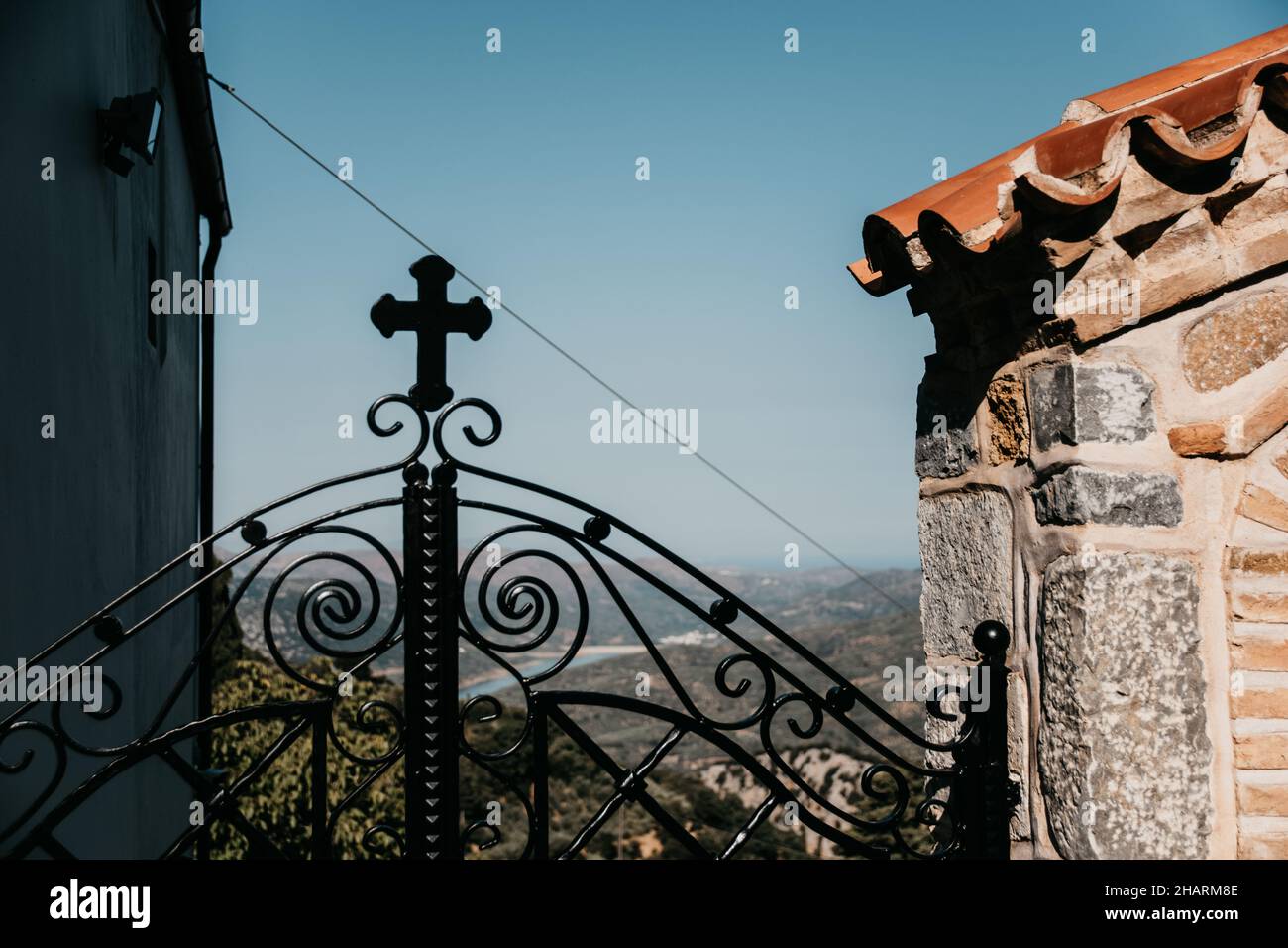 KERA KARDIOTISSA MONASTERY, GREECE - Sep 28, 2021: A cross on the gate ...