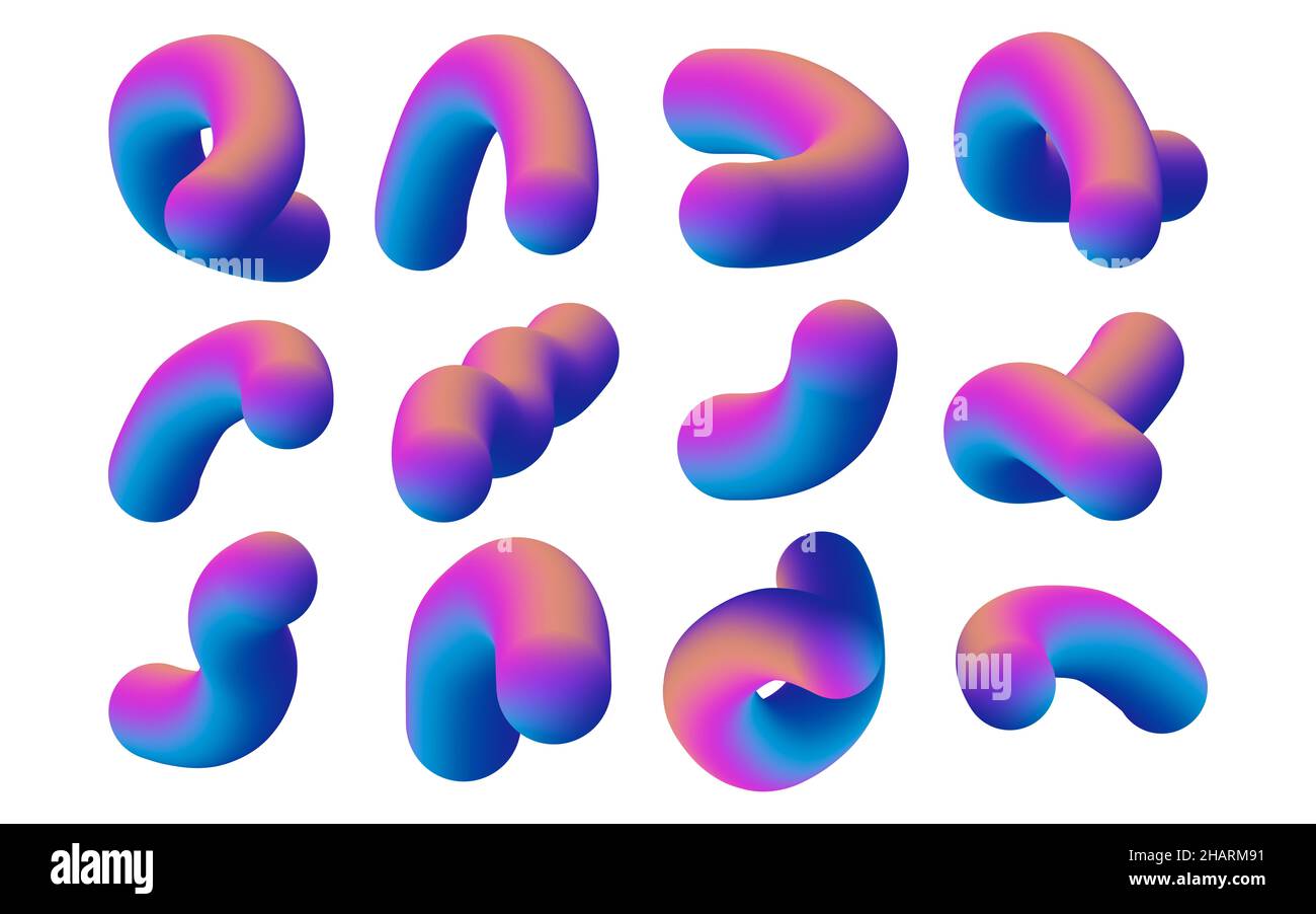 set of 3d fluid amorphous in gradient multiple colors. abstract shapes ...