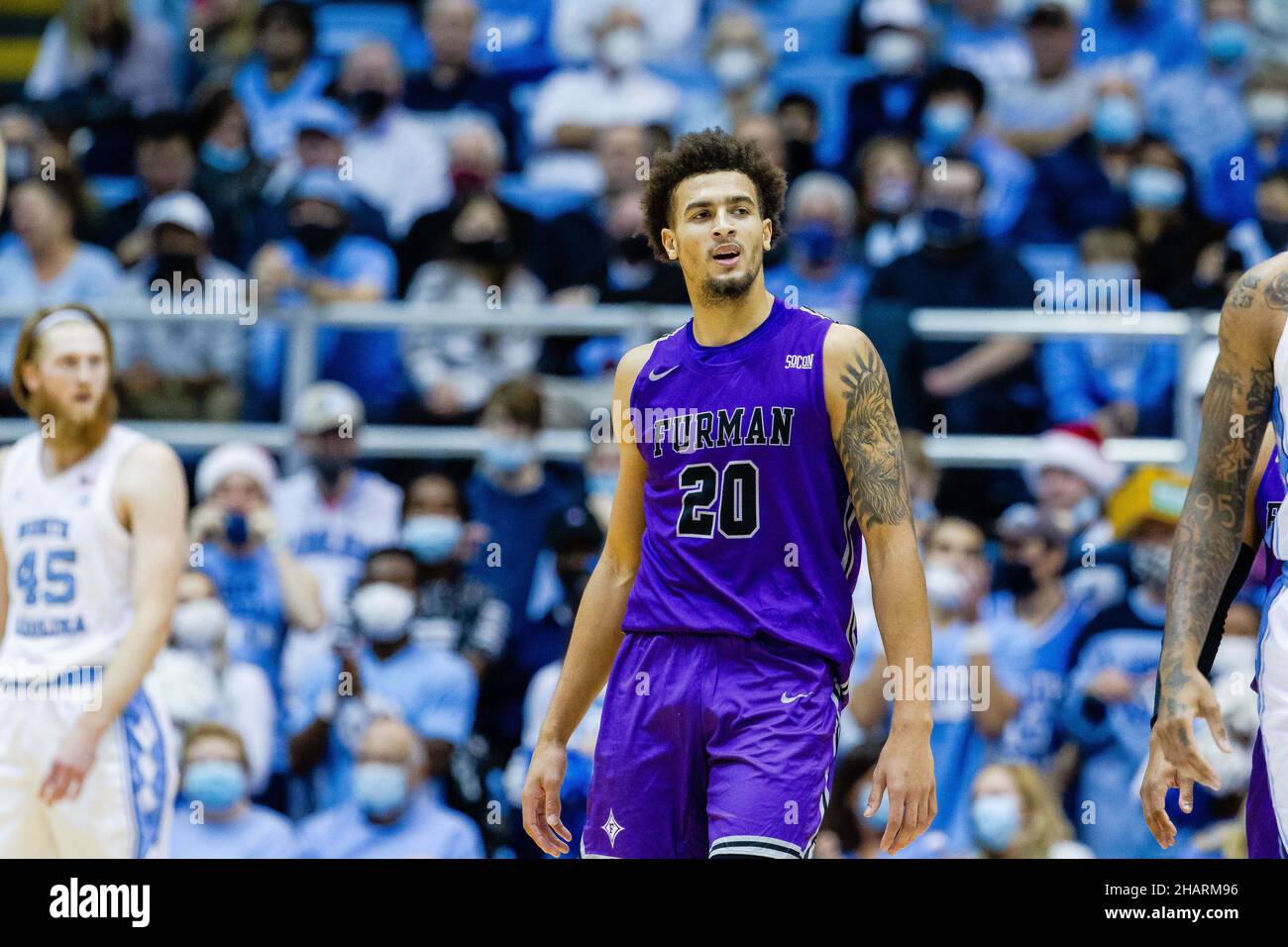 December 14, 2021: Furman Paladins forward Jalen Slawson (20) reacts to ...