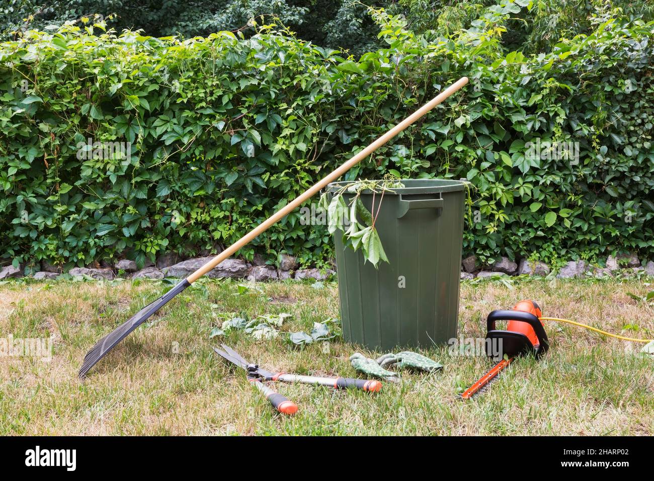 Hedge trimming tools and leaf-rake leaning against collecting bin in ...