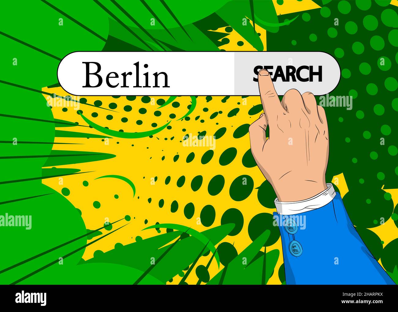 Virtual search bar with the text Berlin. Businessman pushing his right ...