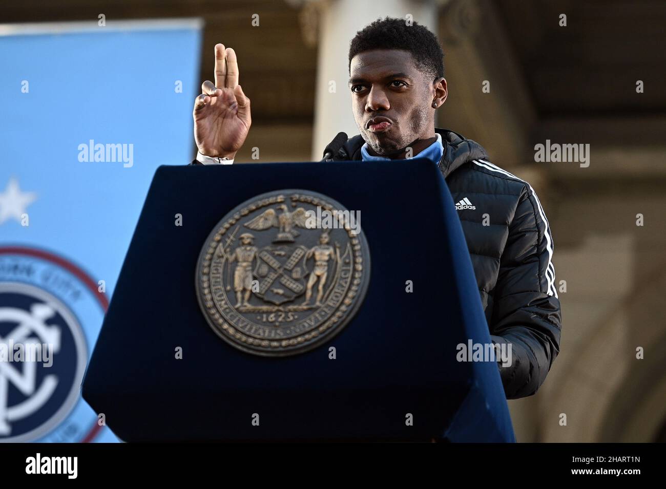 New York City FC's Sean Johnson speaks to the audience during a ...