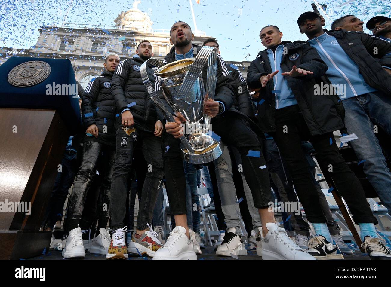 New York, USA. 14th Dec, 2021. New York City FC' soccer team members ...