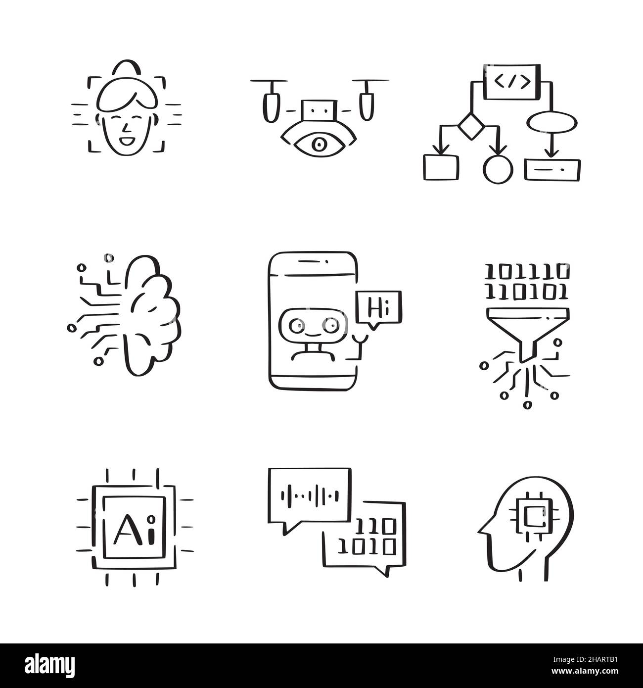 Artificial intelligence doodle icons set. Big data, machine vision and learning, voice and face ...