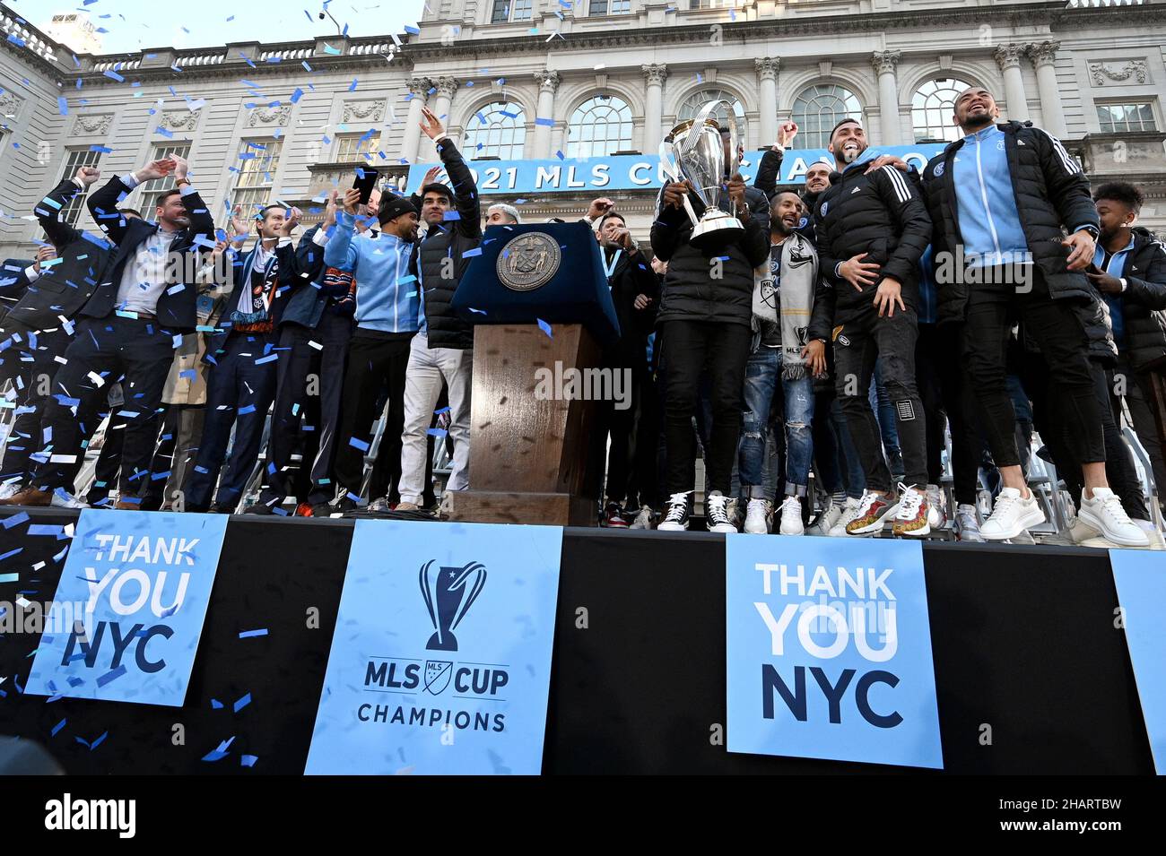 New York City FC' soccer team members hold up the Philip F. Anschutz ...