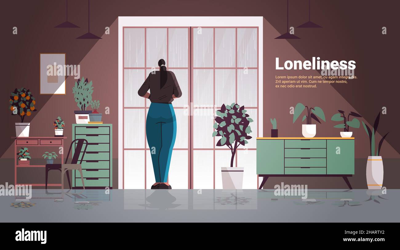 Sad woman standing window Stock Vector Images - Alamy