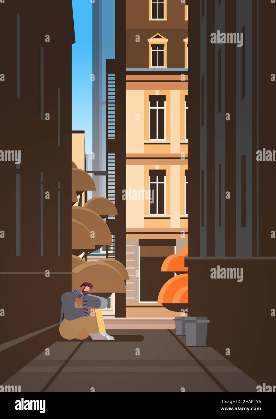 sad unhappy man depressed guy sitting on street near building ...