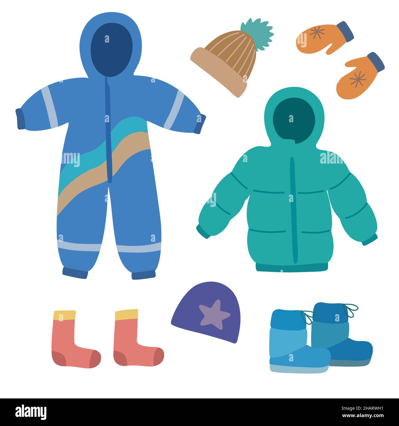 Set of cute winter children clothes in doodle cartoon style. Vector ...