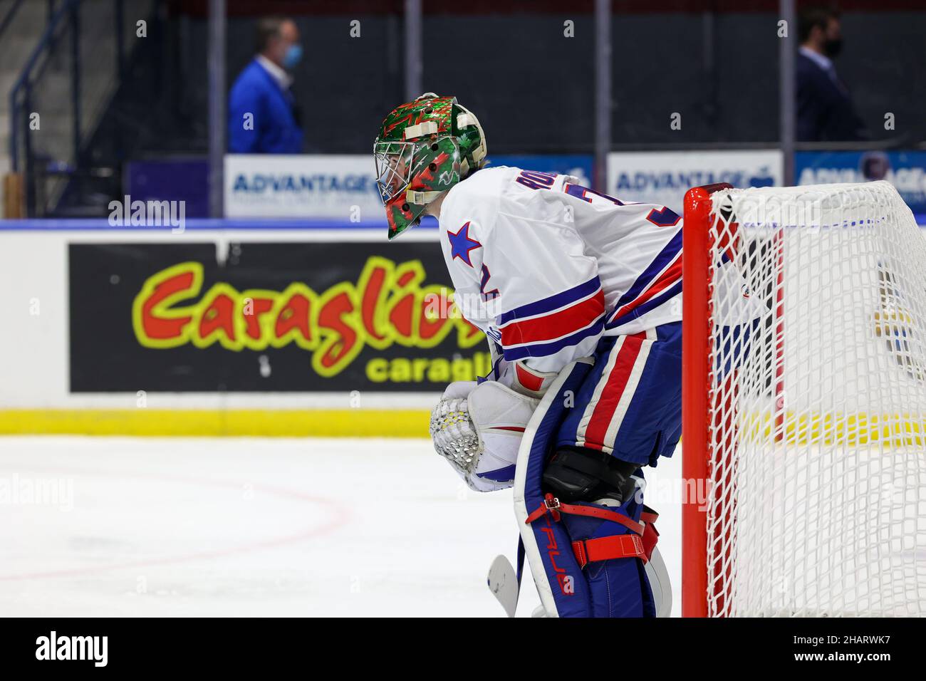 December 10, 2021: Rochester Americans goaltender Mat Robson (32) looks ...