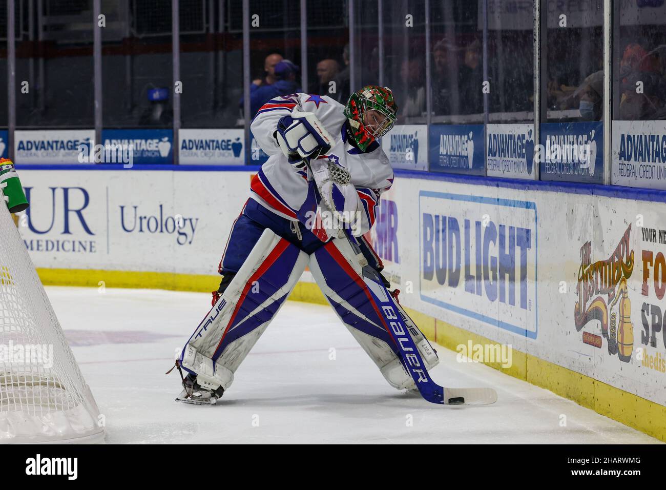 December 10, 2021: Rochester Americans goaltender Mat Robson [32] stops ...