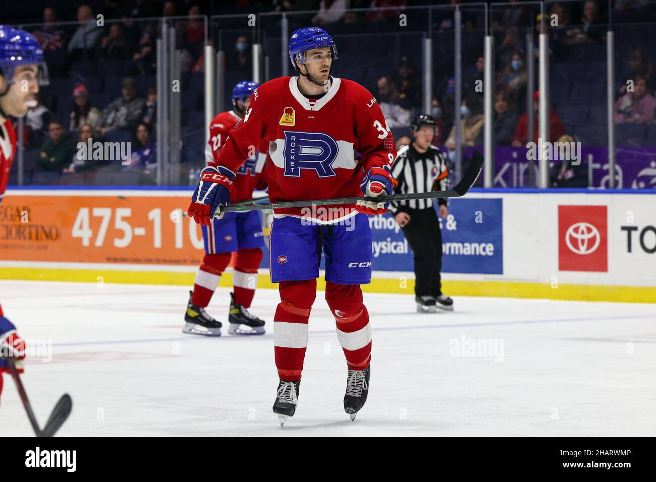 December 10, 2021: Laval Rocket left wing Brandon Baddock (34) looks to ...