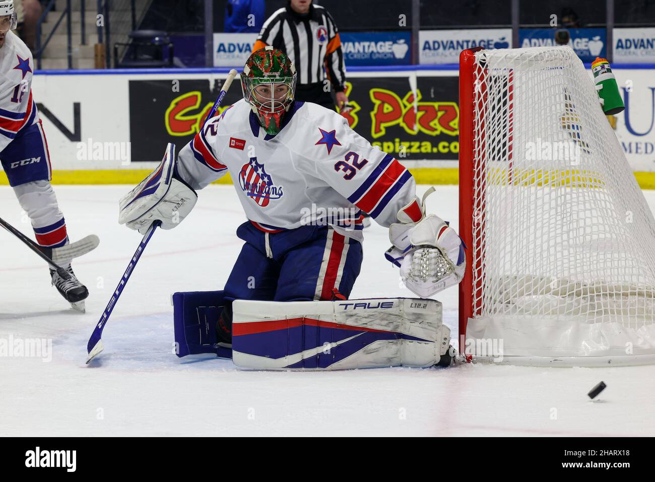 December 10, 2021: Rochester Americans goaltender Mat Robson (32) makes ...