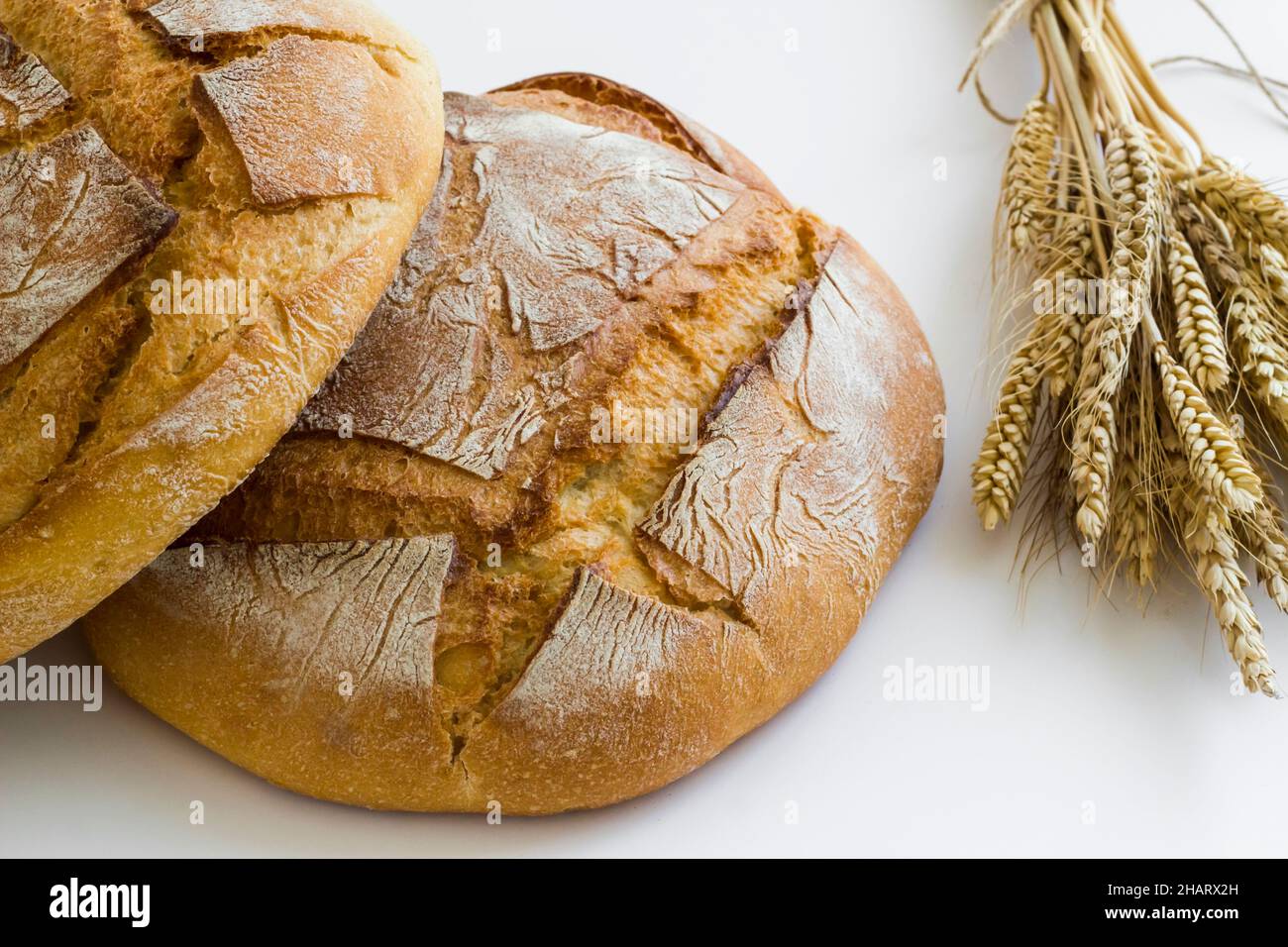 Rustic, whole-wheat round homemade whole bread on white with a bunch of ...