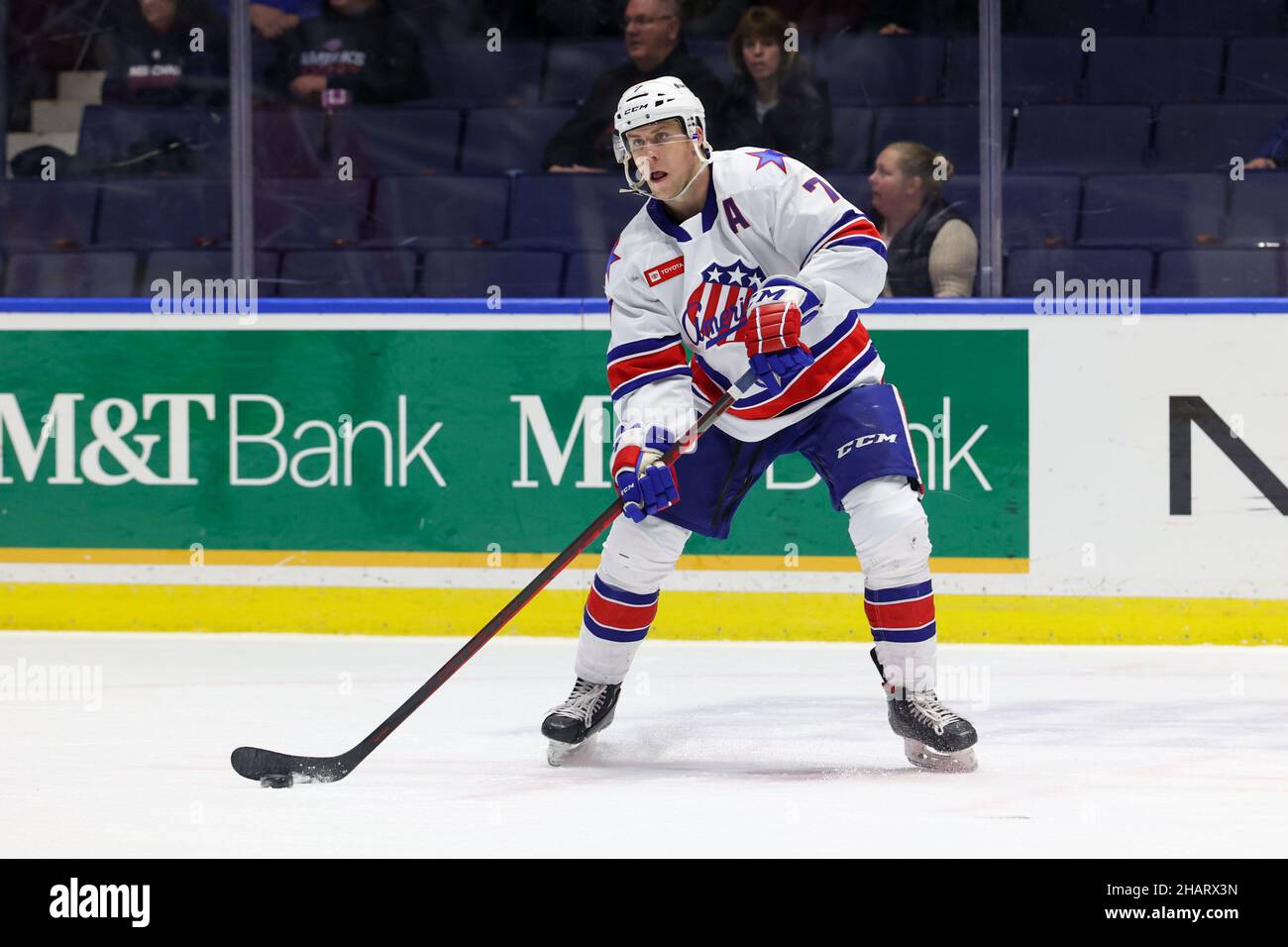 December 10, 2021: Rochester Americans defenseman Ethan Prow (7) makes ...